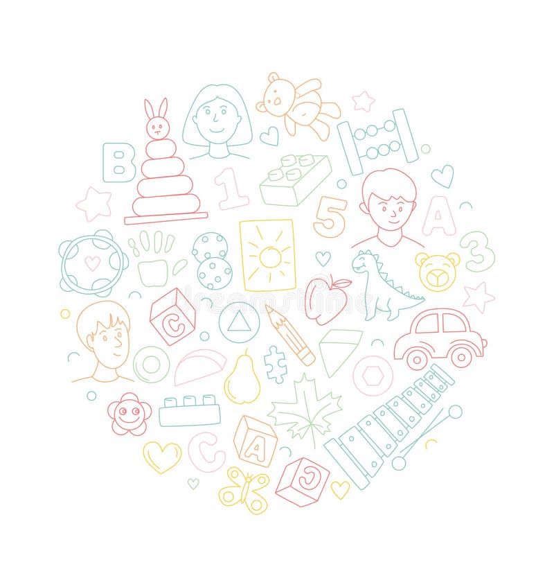 Preschool Kindergarten Educational Toys Doodle Line Vector Illustration ...