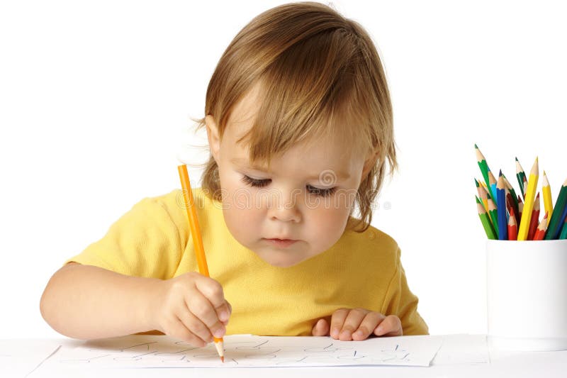 Preschooler Drawing A Picture With Pencils Sitting On Warm Rug With His ...