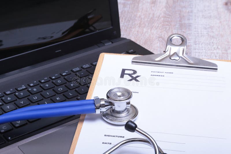 Prescription Form with Laptop Computer and Stethoscope Stock Photo ...