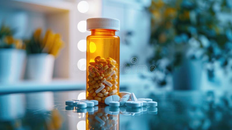 Prescription Opioids, a Bottle of Pills, Set on a Mirrored Table, a ...