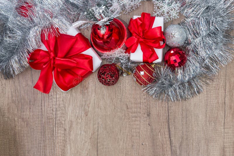 Present Box with Garland on Wooden Table, Top View Stock Photo - Image ...