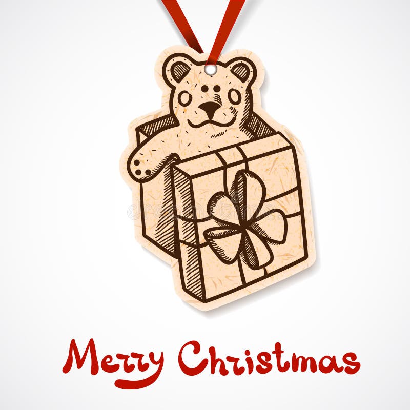 Present Box with Teddy Bear. Paper Label on Ribbon Stock Vector ...