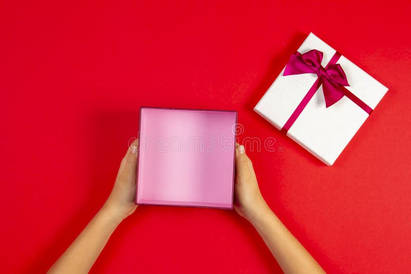 Present Box Template Mock Up. Hand Open Empty Present Gift Box on ...