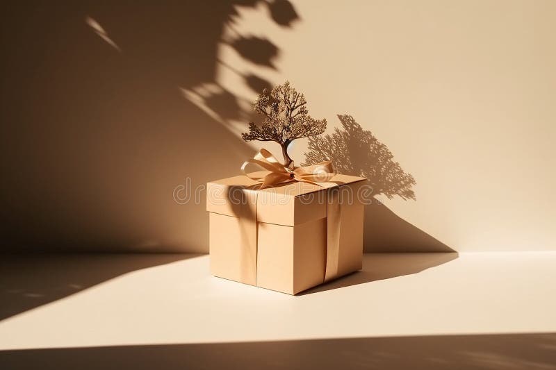 Present Box with Tree Branch Shadows on Beige Background, Created with ...