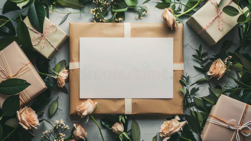 Present Boxes with Card and Rose Flowers Banner Background Copy Space ...