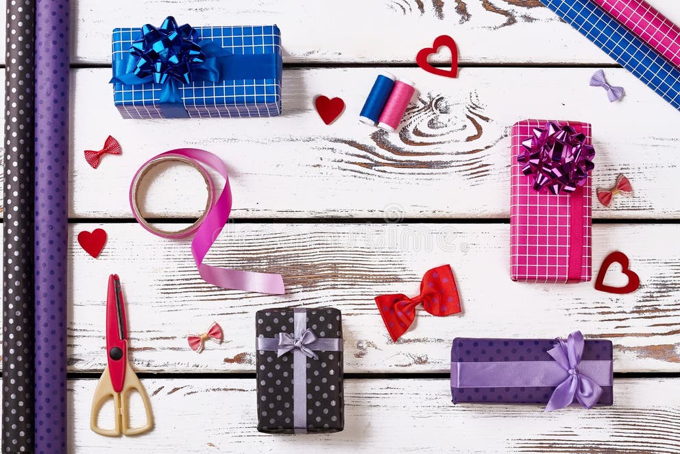 Present Boxes and Wrapping Paper. Stock Image - Image of heart, pattern ...