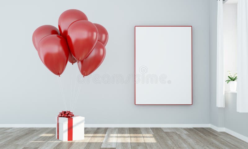 Present Concept: Balloons and Gift with White Poster Mockup Stock Photo ...