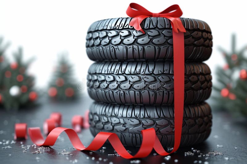 Present Concept Tires with a Red Ribbon, 3D Icon Stock Illustration ...