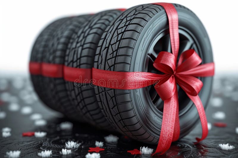 Present Concept Tires with a Red Ribbon, 3D Icon Stock Illustration ...