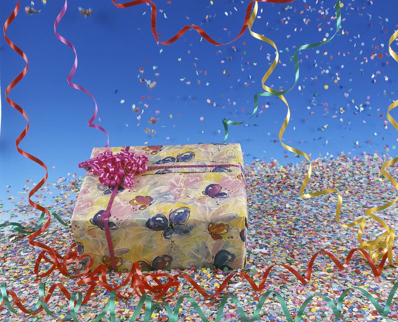 Present with Confettis and Streamers Stock Image - Image of feast ...
