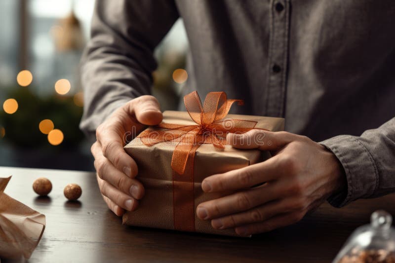 Present on the Table - Hands Grasping a Wrapped Gift Stock Image ...