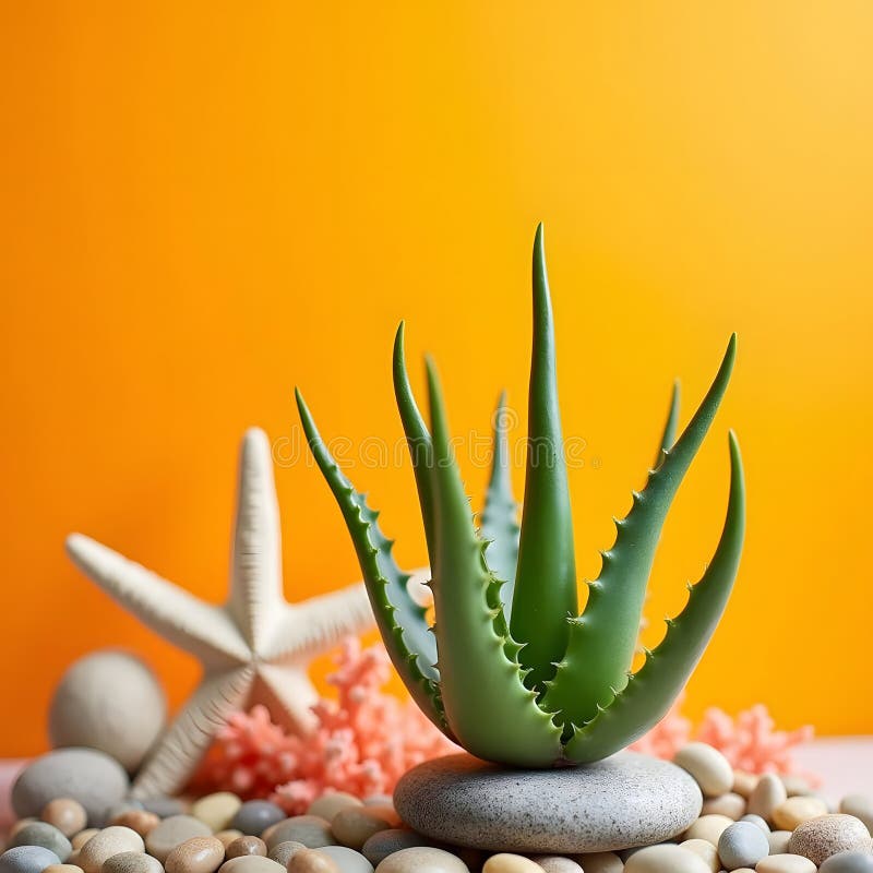 Vibrant Tropical Oasis: Aloe Gel on Pebble Stack with Starfish and ...