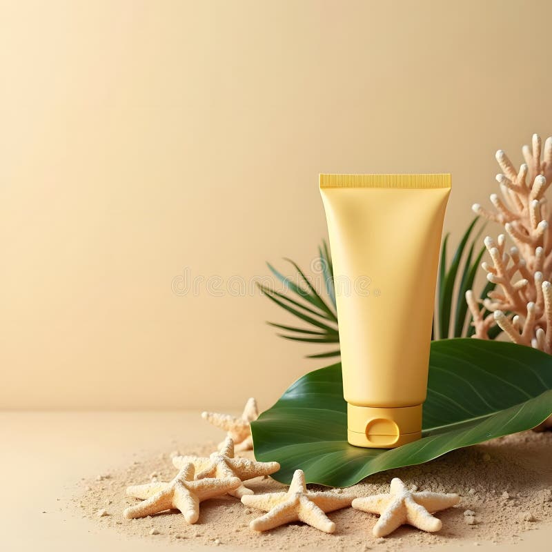 Sun-Kissed Paradise: Sunscreen Bottle on Vibrant Tropical Perch Stock ...