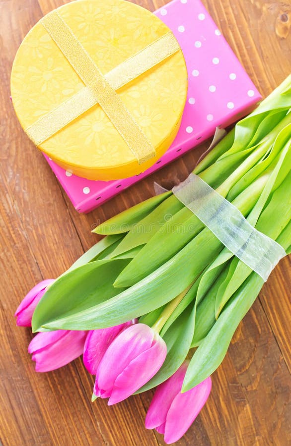 Present and tulips stock photo. Image of decorative, happy - 39141544