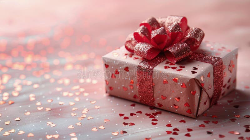Present Wrapped in Brown Paper Surrounded by Hearts Stock Photo - Image ...