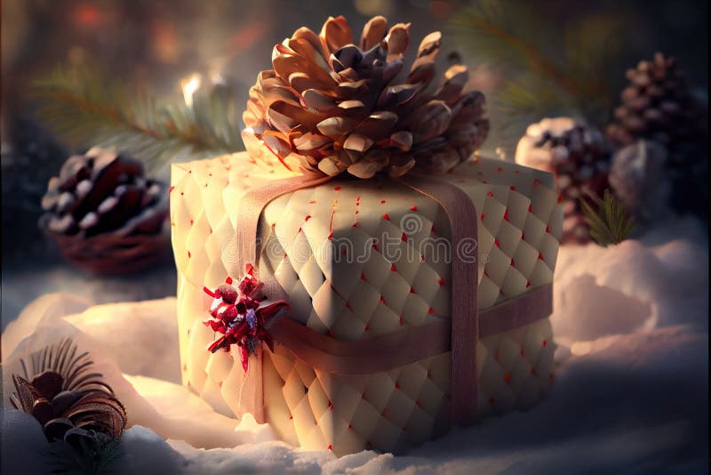 A Present Wrapped in a Quilted Paper with a Pine Cone on Top of it and ...