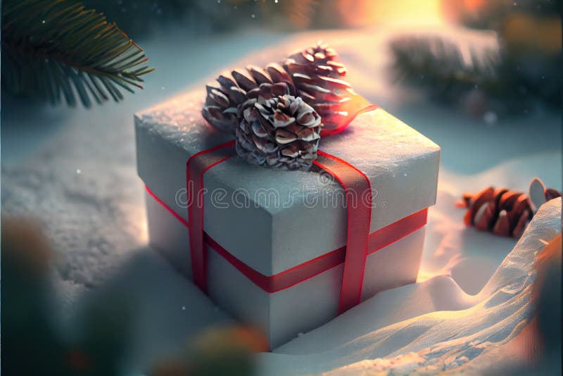 A Present Wrapped in a Red Ribbon and a Pine Cone on Top of it in the ...