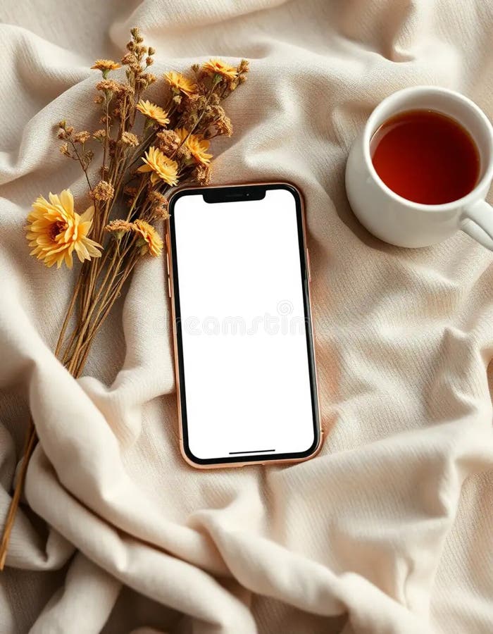 Flat Lay: Empty IPhone Screen, Hot Tea & Floral Accent Stock ...