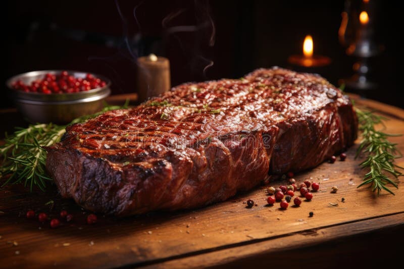 Presentation of Angus Leg Steak on the Red Wall of Wooden Stock ...