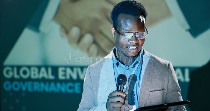 Presentation, Black Man and Conference with Tablet for Speech Notes ...