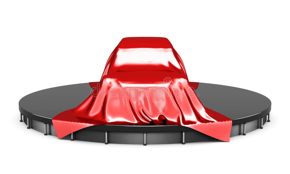 Presentation of the Car Covered with Red Satin Cloth. Front View Stock ...