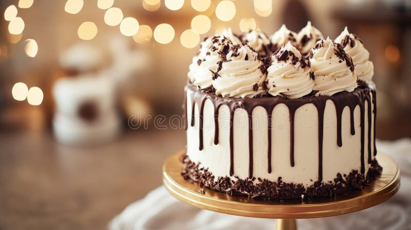 The Presentation of the Chocolate Cake is Elevated by a Gold Cake Stand ...