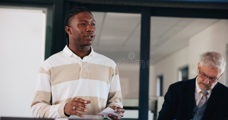 Presentation, College and Professor with Student in Classroom for ...