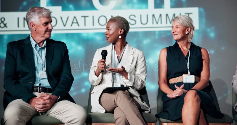 Presentation, Conference and Business People on a Stage Talking for ...