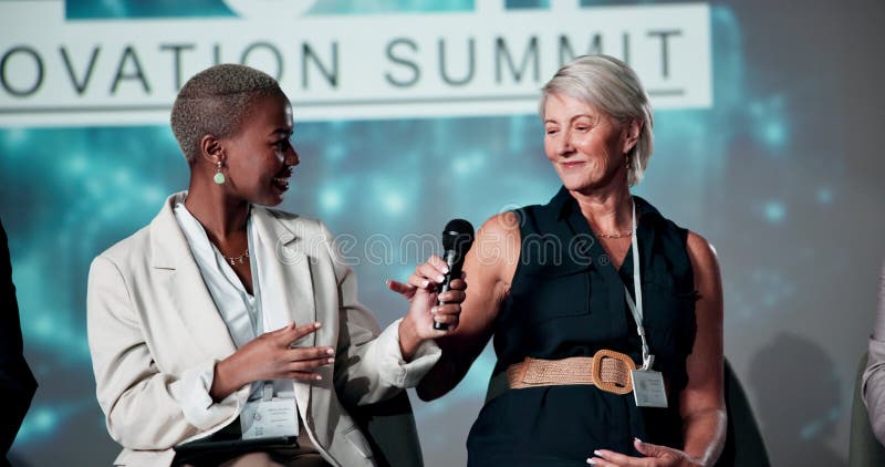 Presentation, Conference and Business Women on a Stage for Discussion ...