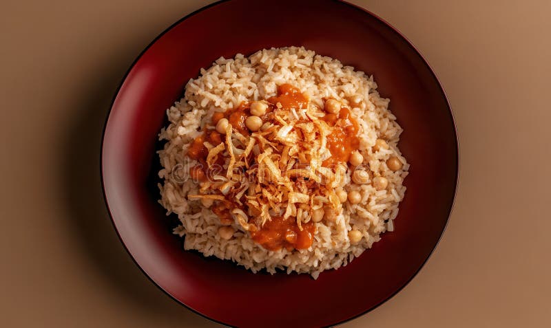 Presentation of Kushari, Egyptian Cuisine, on a Red Plate. Stock ...