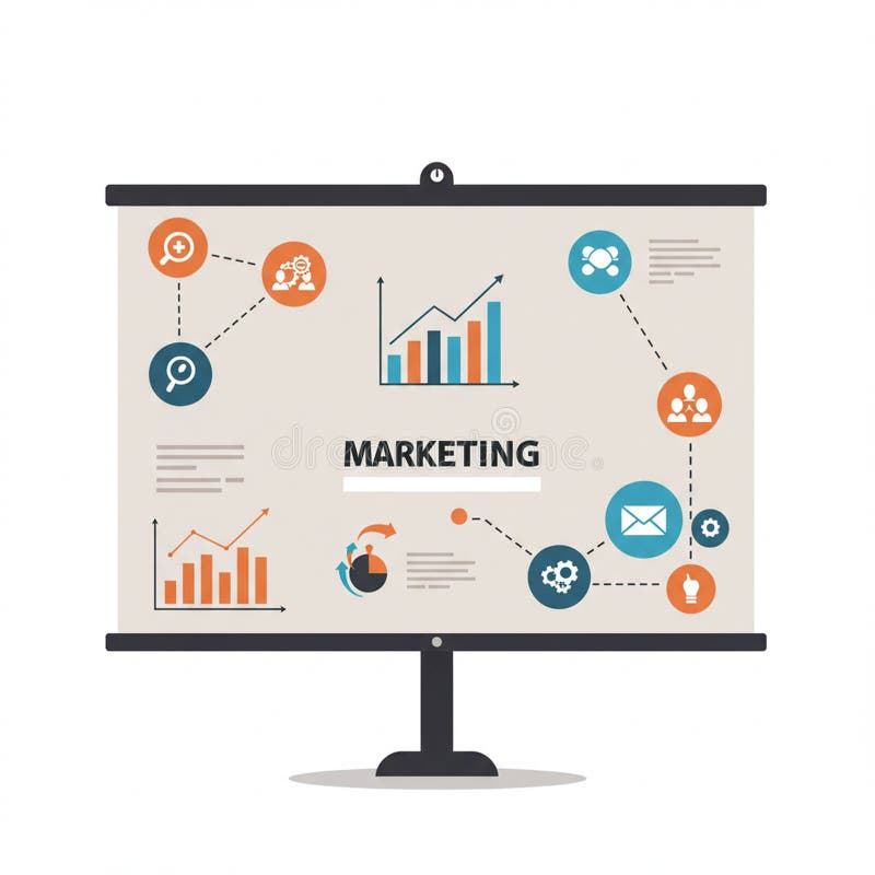 Presentation Screen Displays a Marketing Plan with Interconnected Icons ...