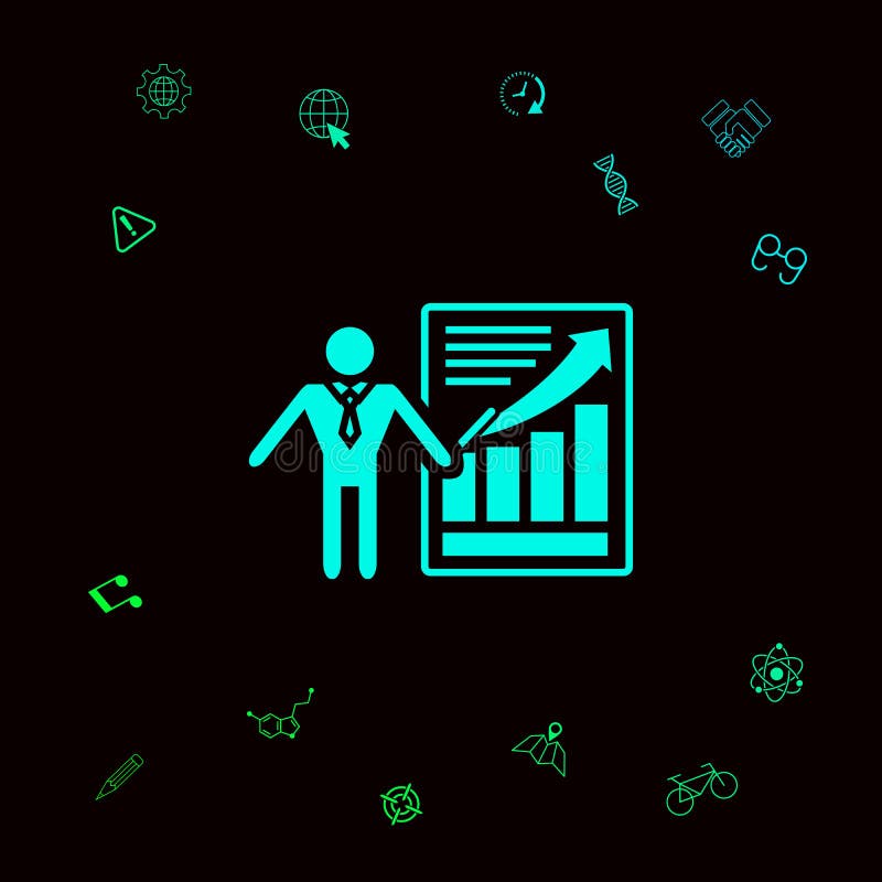 Presentation Sign Icon. Man Standing with Pointer Near the Infographic ...