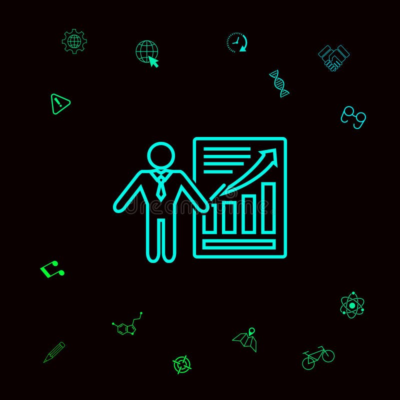 Presentation Sign Icon. Man Standing with Pointer Near the Infographic ...