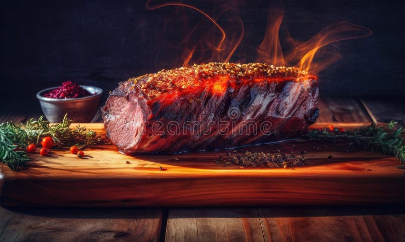 The Presentation of Smoked Beef on Wooden Board with Herbs Was ...