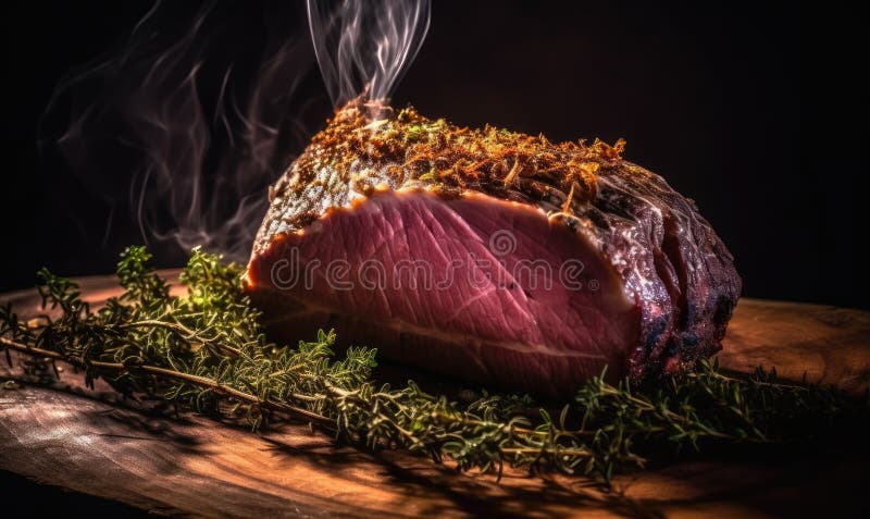 The Presentation of Smoked Beef on a Wooden Board with Herbs Was ... The Presentation of Smoked Beef on a Wooden Board with Herbs Was ...