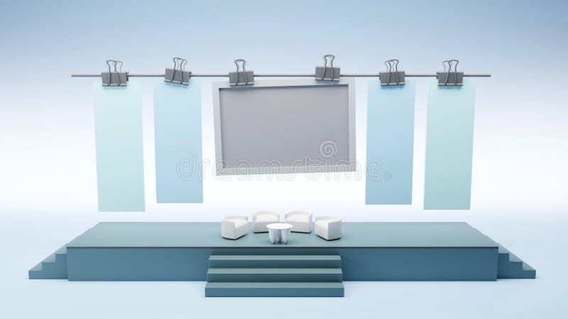 Presentation Stage Talk Show Backdrop with Table Sofa on Black ...