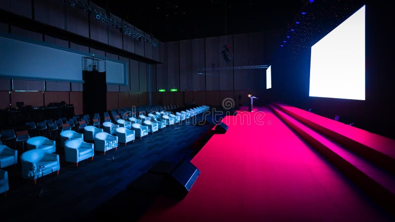 Presentation Stage with White Blank Screen Mockup. Empty Display for ...