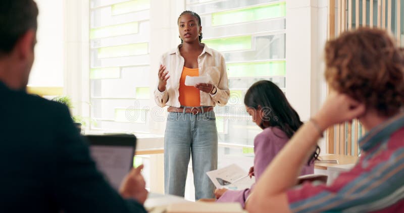 Presentation, Student and Girl in Classroom, University and Preparing ...