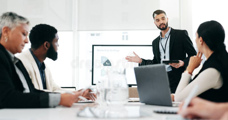 Presentation, Ceo and Man with Team, Planning and Sales with Teamwork ...