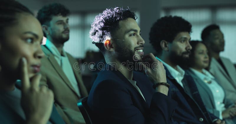 Presentation, Thinking and Business People Listening with Staff Crowd ...