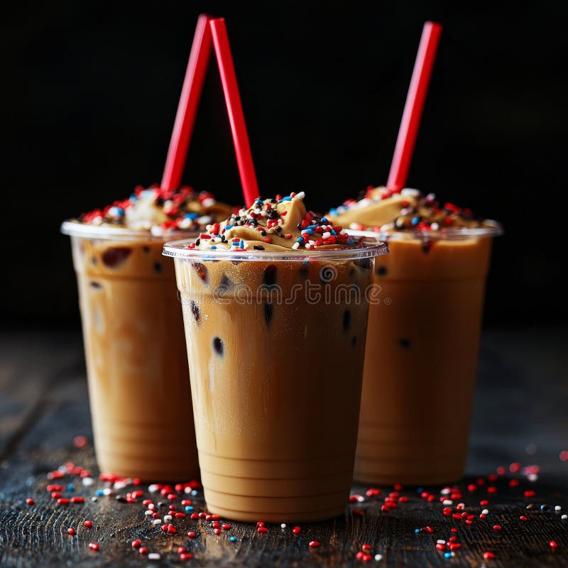 Presented Here are Three Large Plastic Cups of Cold Coffee, Each ...