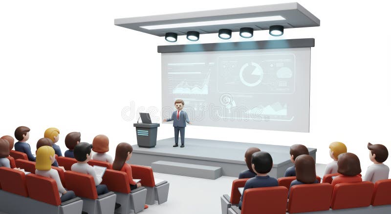 Presenter Giving Presentation in Conference Hall with Audience and ...