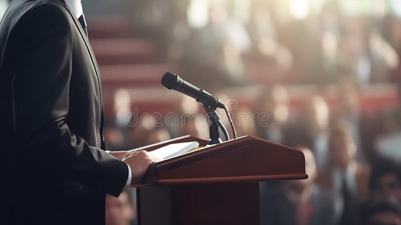 Presenter Speaks at Podium, Addressing Audience with Confidence, AI ...