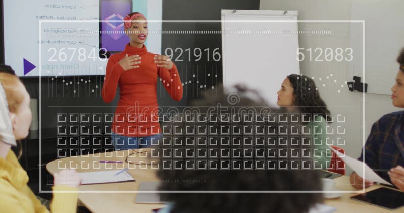 Presenter Spreading Hands at Meeting Start Introducing Data Overlays ...