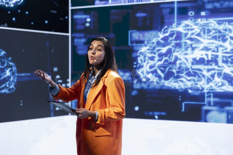 Presenter Talks with Spectators at AI Convention Bringing Together ...