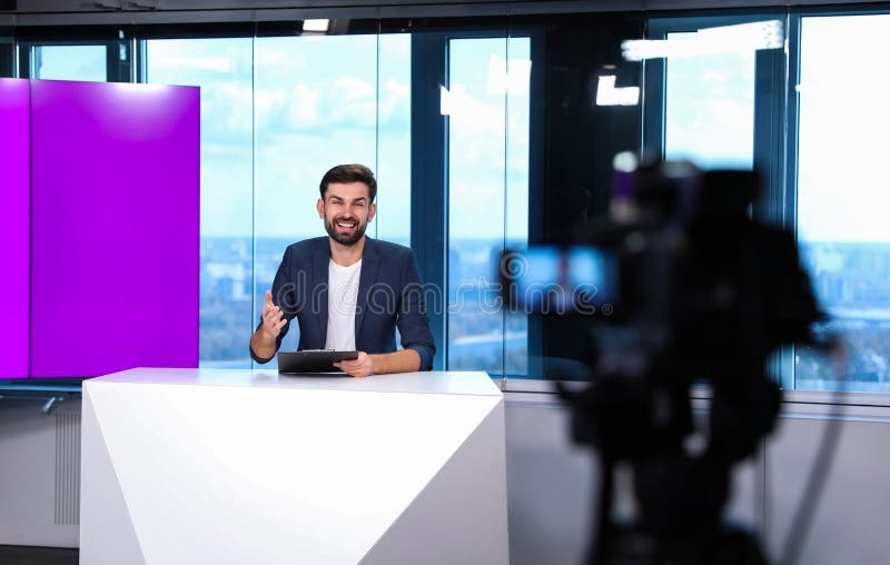 Presenter and Video Camera Operator Working. News Broadcasting Stock ...