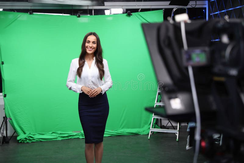 TV Camera and Presenter Host on a Live News Broadcast on Location Stock ...