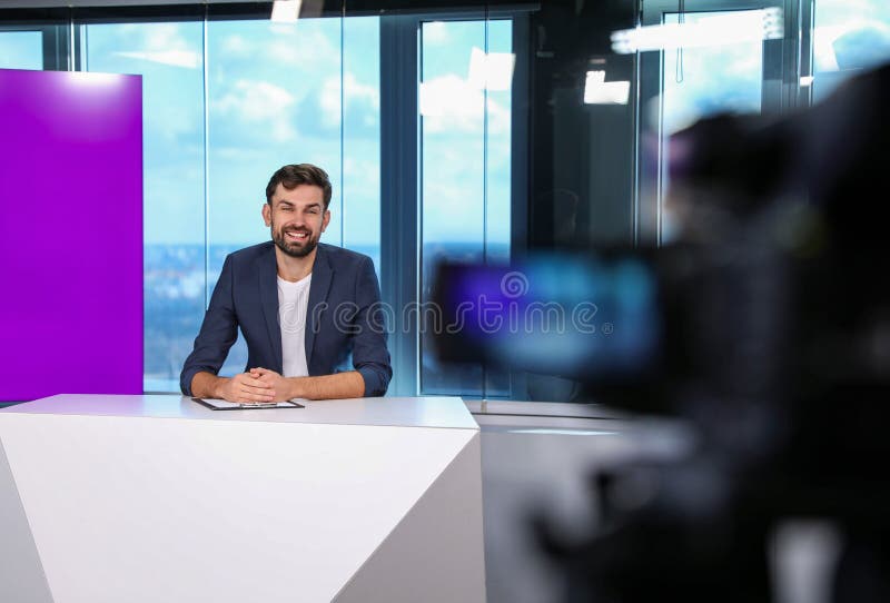 Presenter and Video Camera Operator Working. News Broadcasting Stock ...