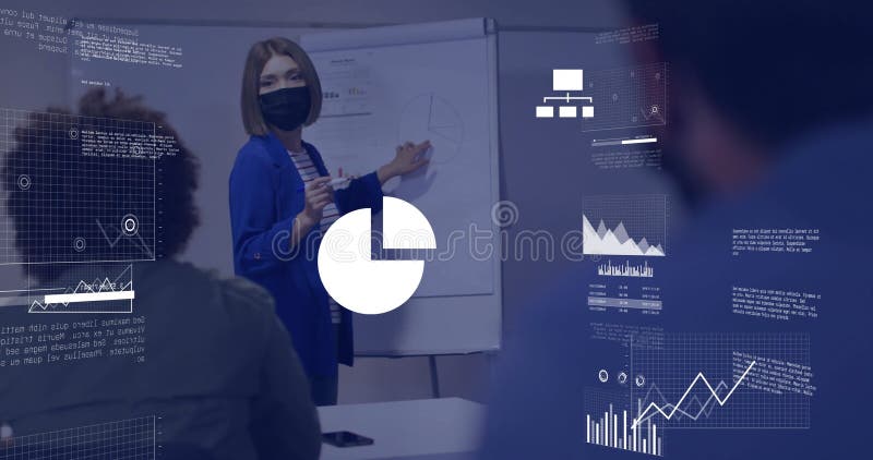 Presenting Business Data on Flipchart, Woman in Mask with Charts ...