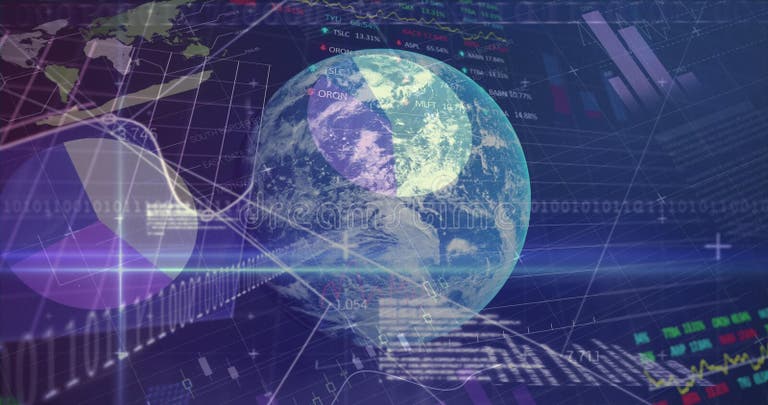 Presenting Globe Rotating in Dark Interface, Showing Pie, Bar and Line Charts with Binary Code ...
